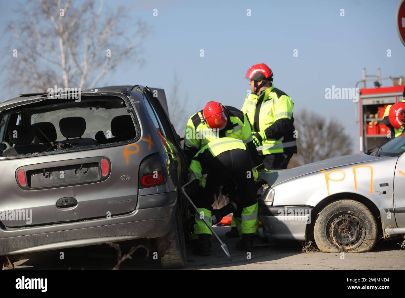 Fire and Rescue Imergency Units at car crash training on highway Stock ...