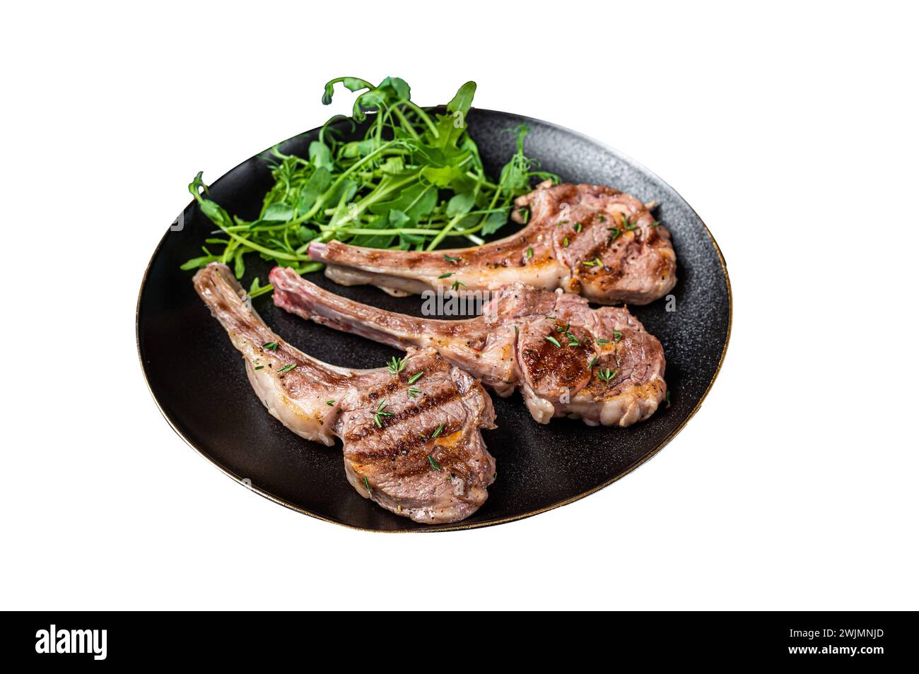 Roasted lamb meat cutlets, mutton chops with garnish. Isolated on white ...