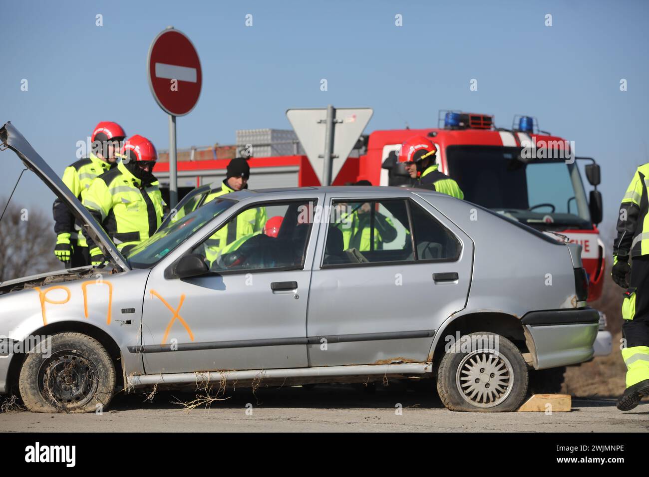 Fire and Rescue Imergency Units at car crash training on highway Stock ...