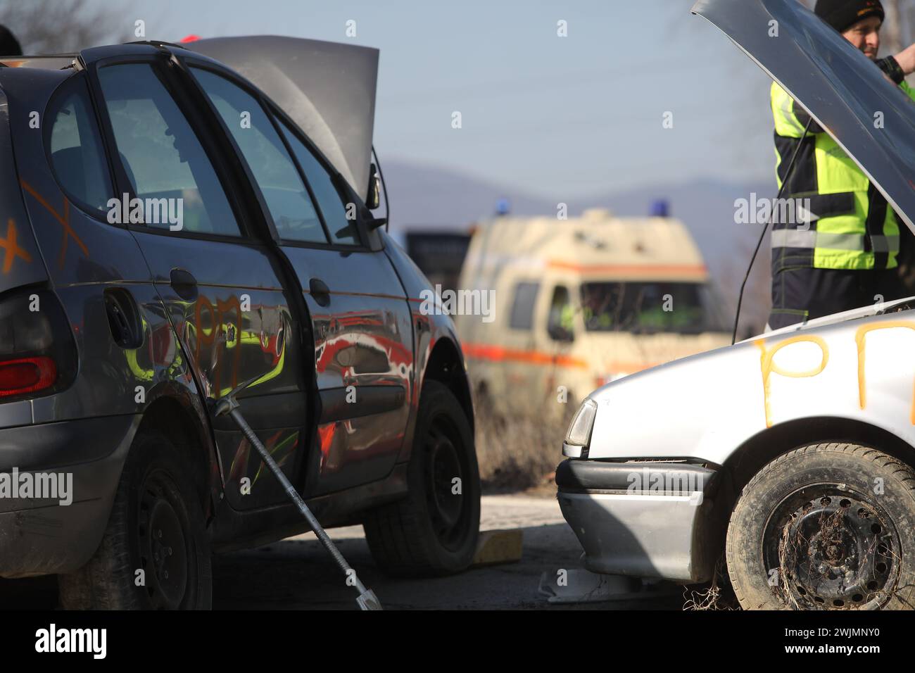Fire and Rescue Imergency Units at car crash training on highway Stock ...