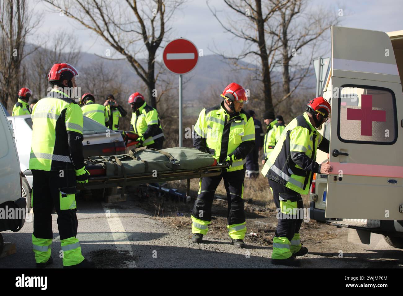 Fire and Rescue Imergency Units at car crash training on highway Stock ...