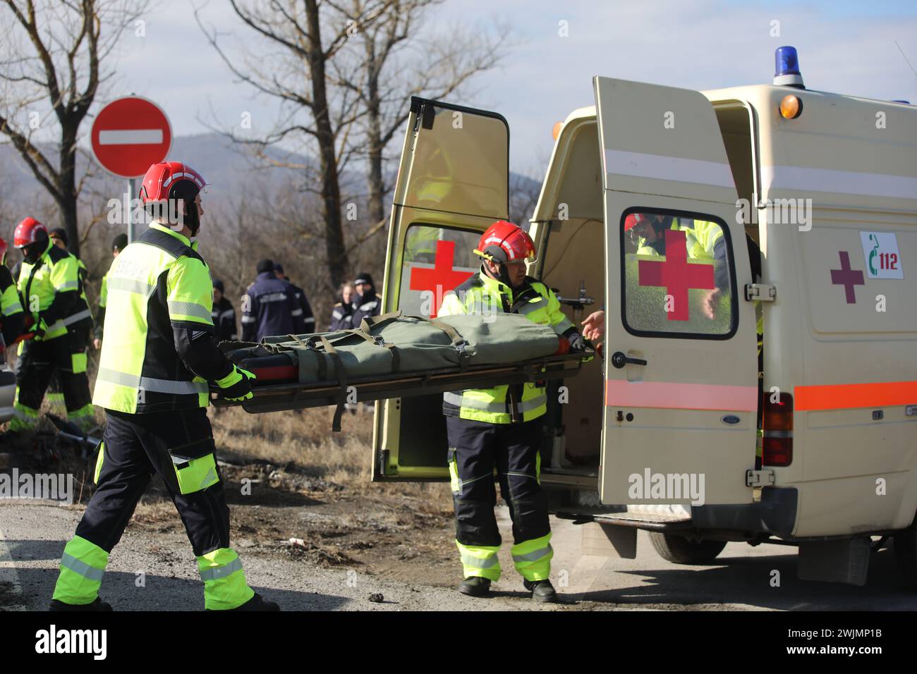 Fire and Rescue Imergency Units at car crash training on highway Stock ...