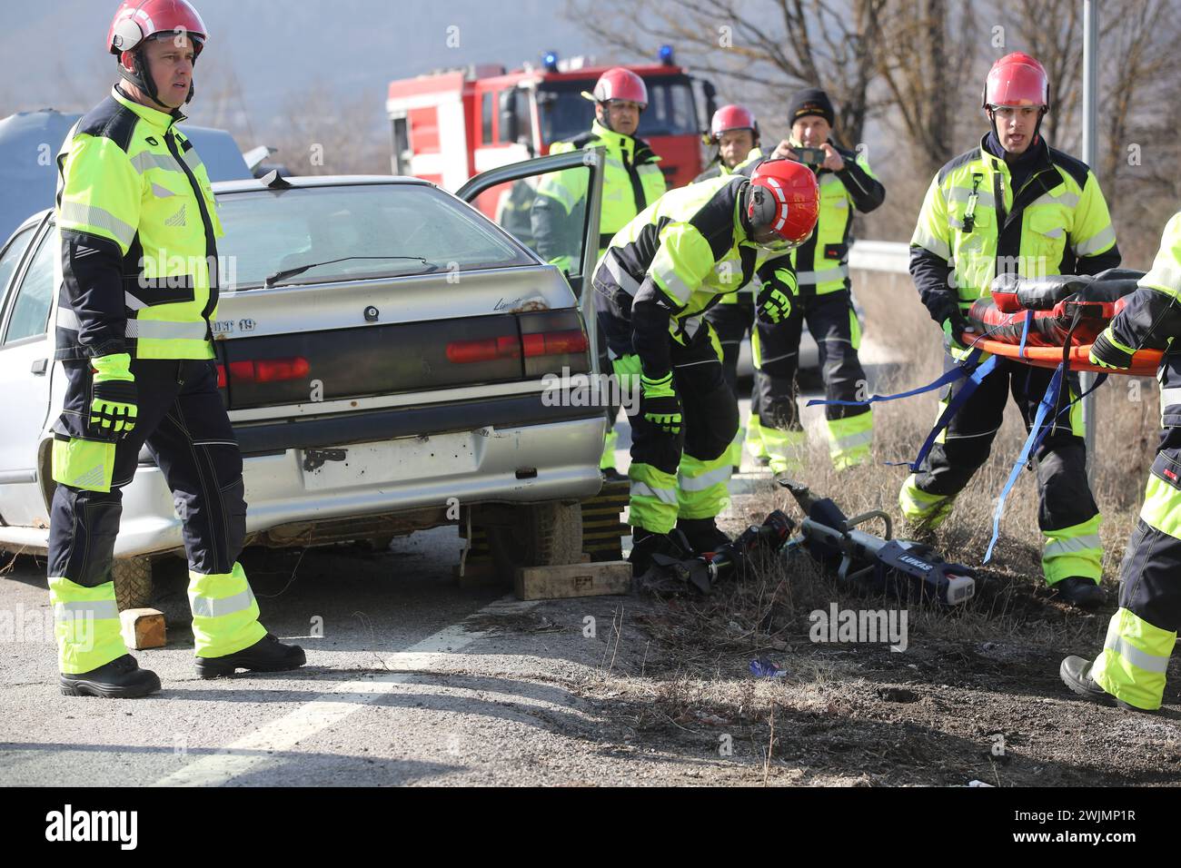 Fire and Rescue Imergency Units at car crash training on highway Stock ...
