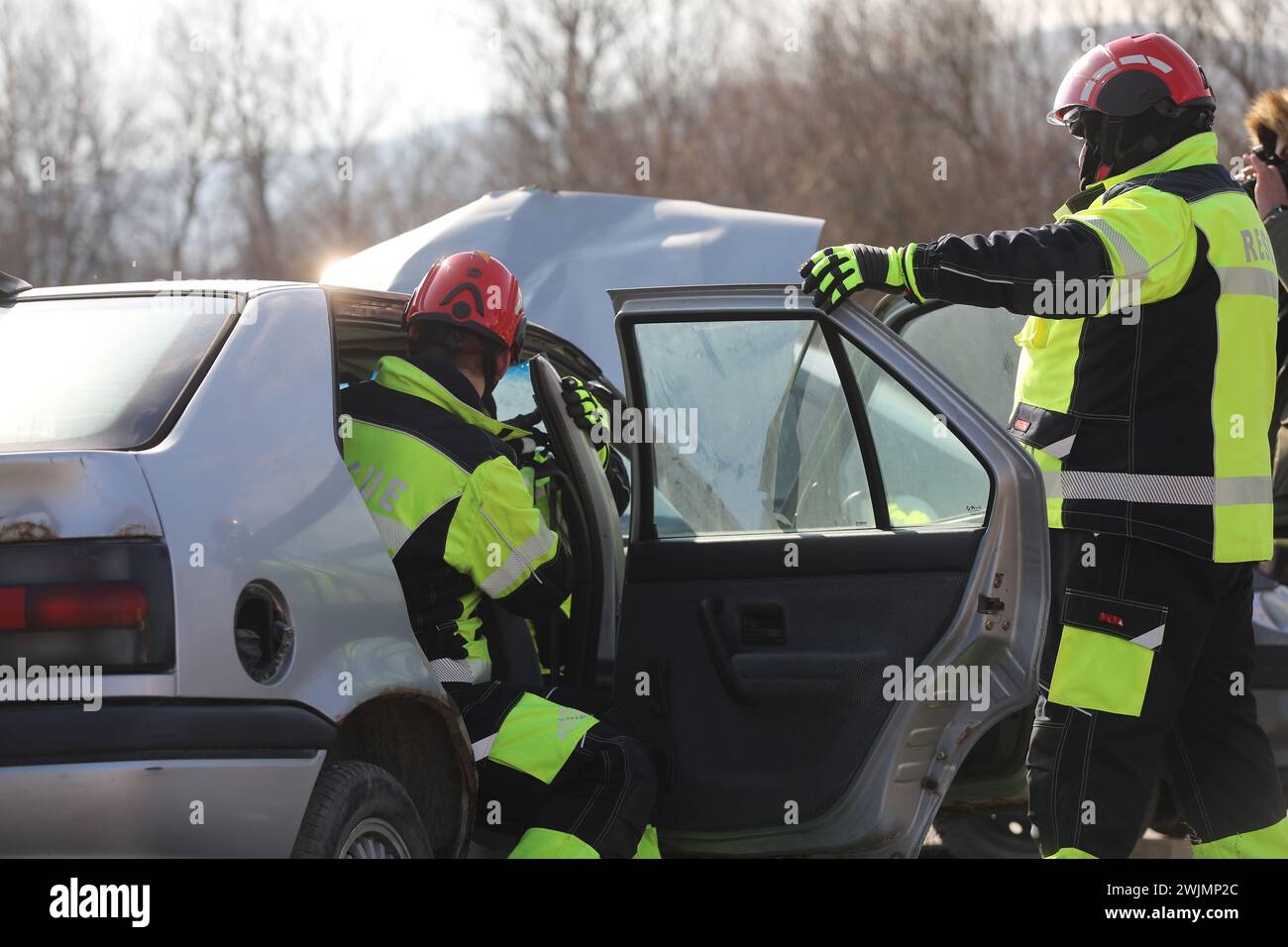 Fire and Rescue Imergency Units at car crash training on highway Stock ...