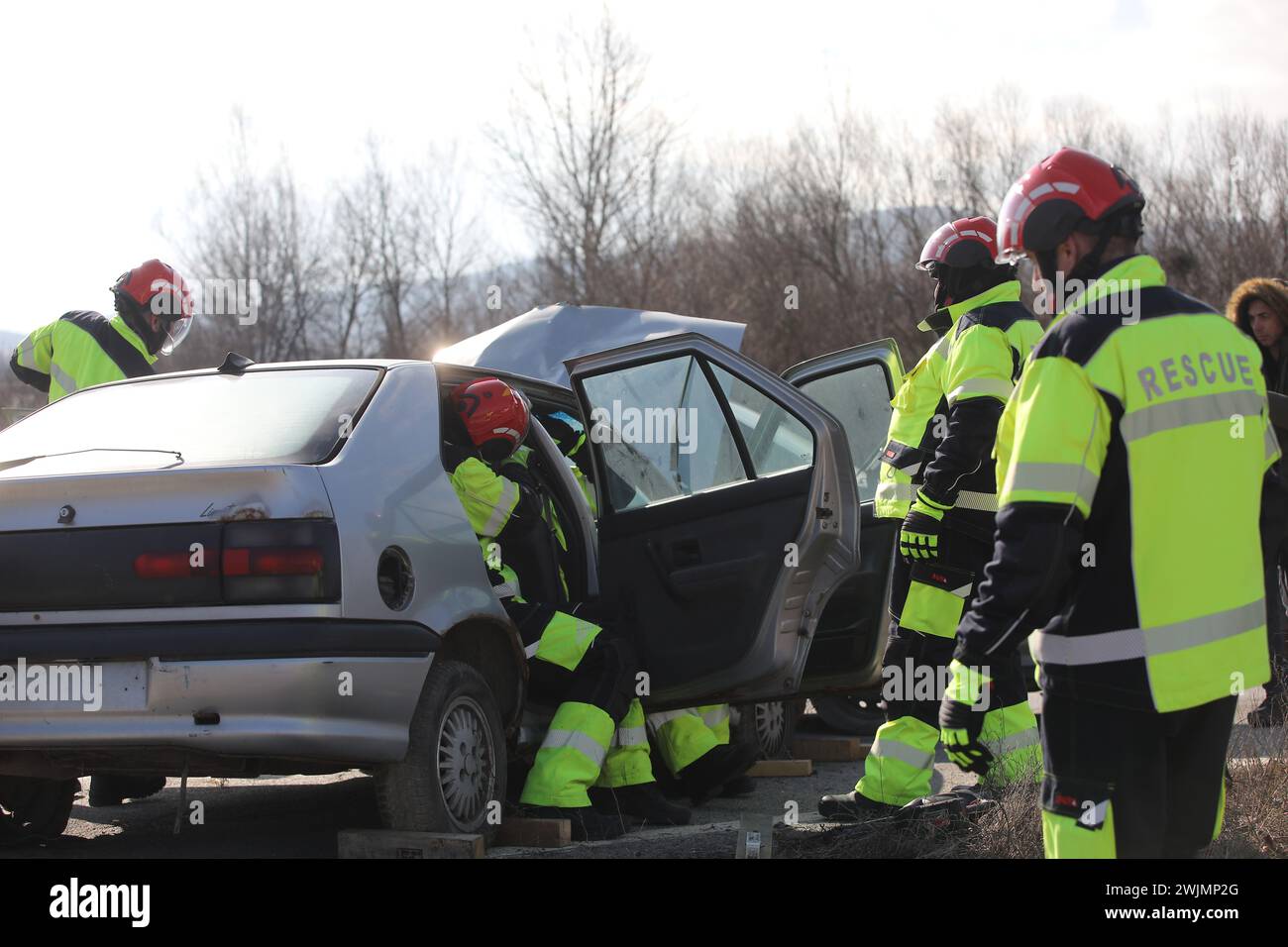 Fire and Rescue Imergency Units at car crash training on highway Stock ...