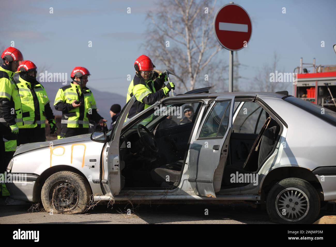Fire and Rescue Imergency Units at car crash training on highway Stock ...
