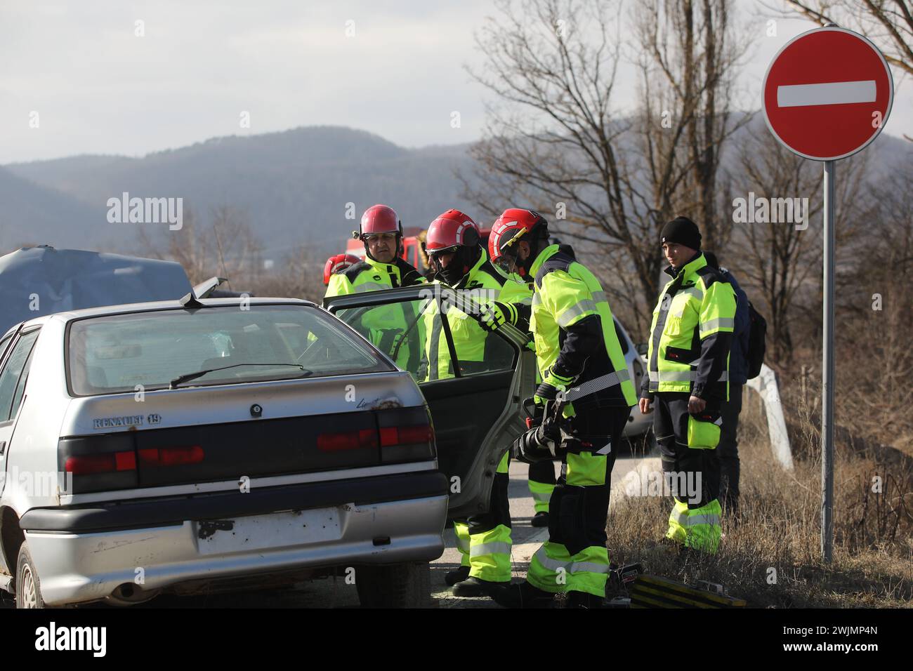 Fire and Rescue Imergency Units at car crash training on highway Stock ...