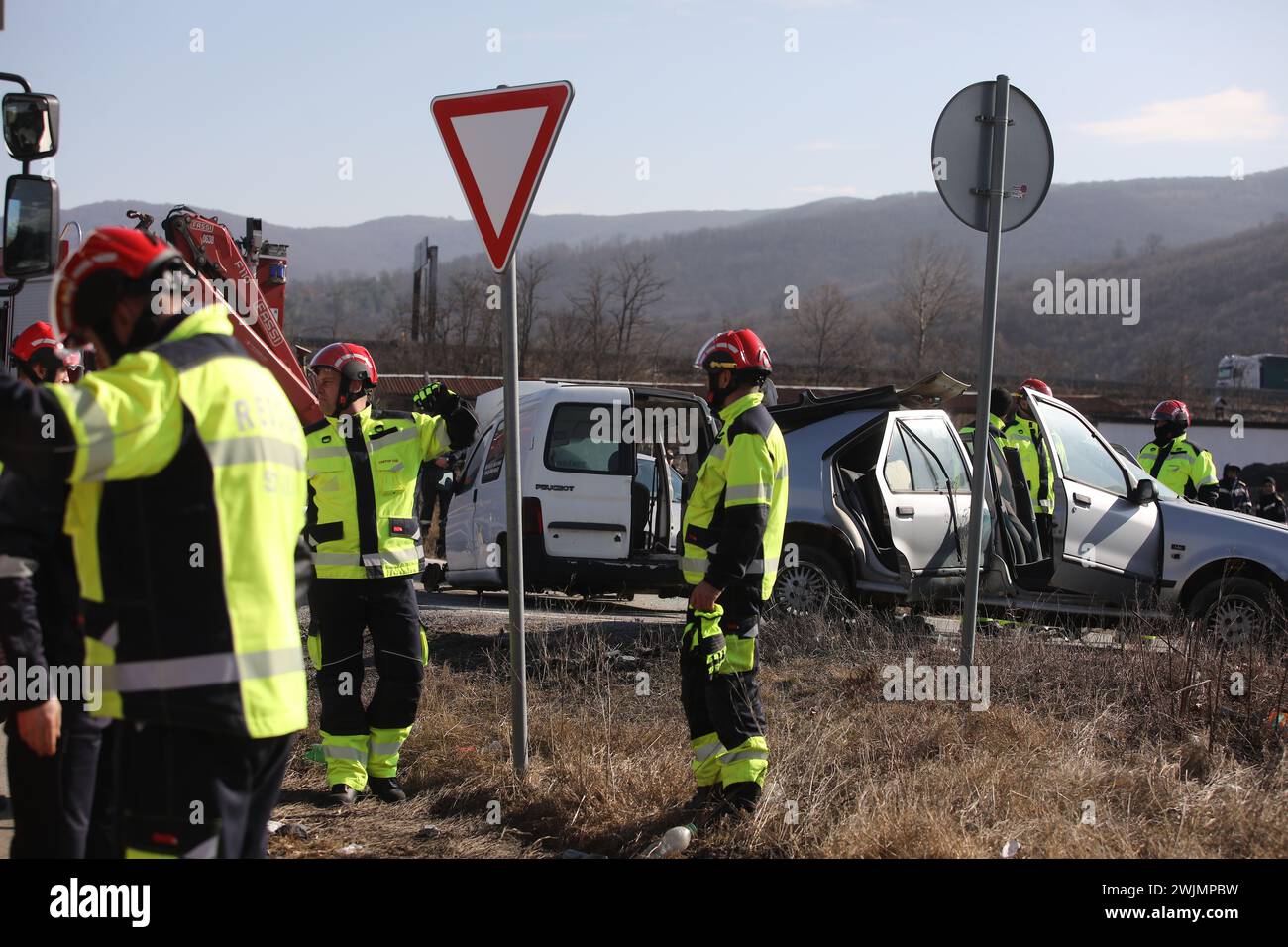 Fire and Rescue Imergency Units at car crash training on highway Stock ...