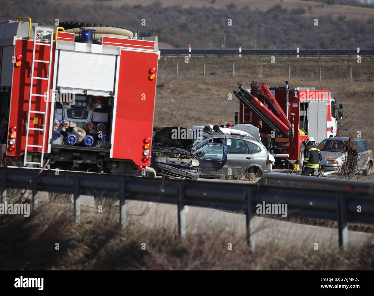 Fire and Rescue Imergency Units at car crash training on highway Stock ...