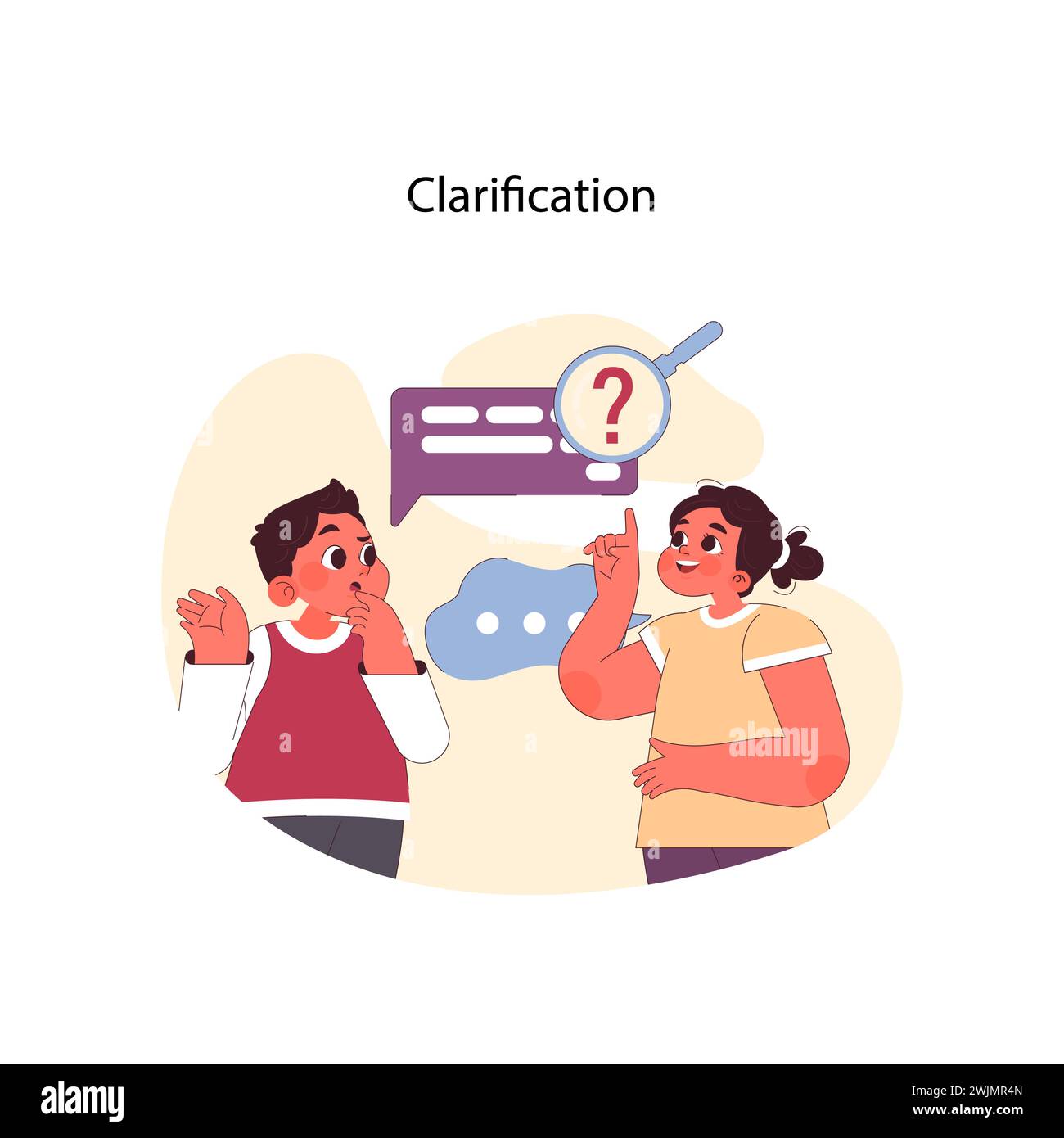 Clarification concept. Confused boy seeks answers while helpful girl ...