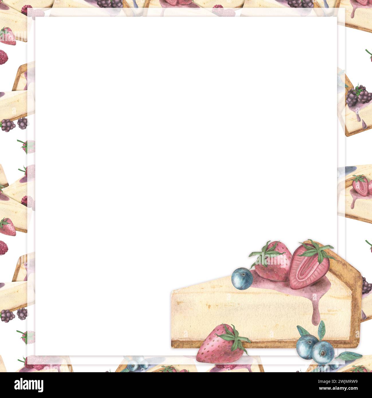 Watercolor frame with a piece of cheesecake pie with raspberries ...