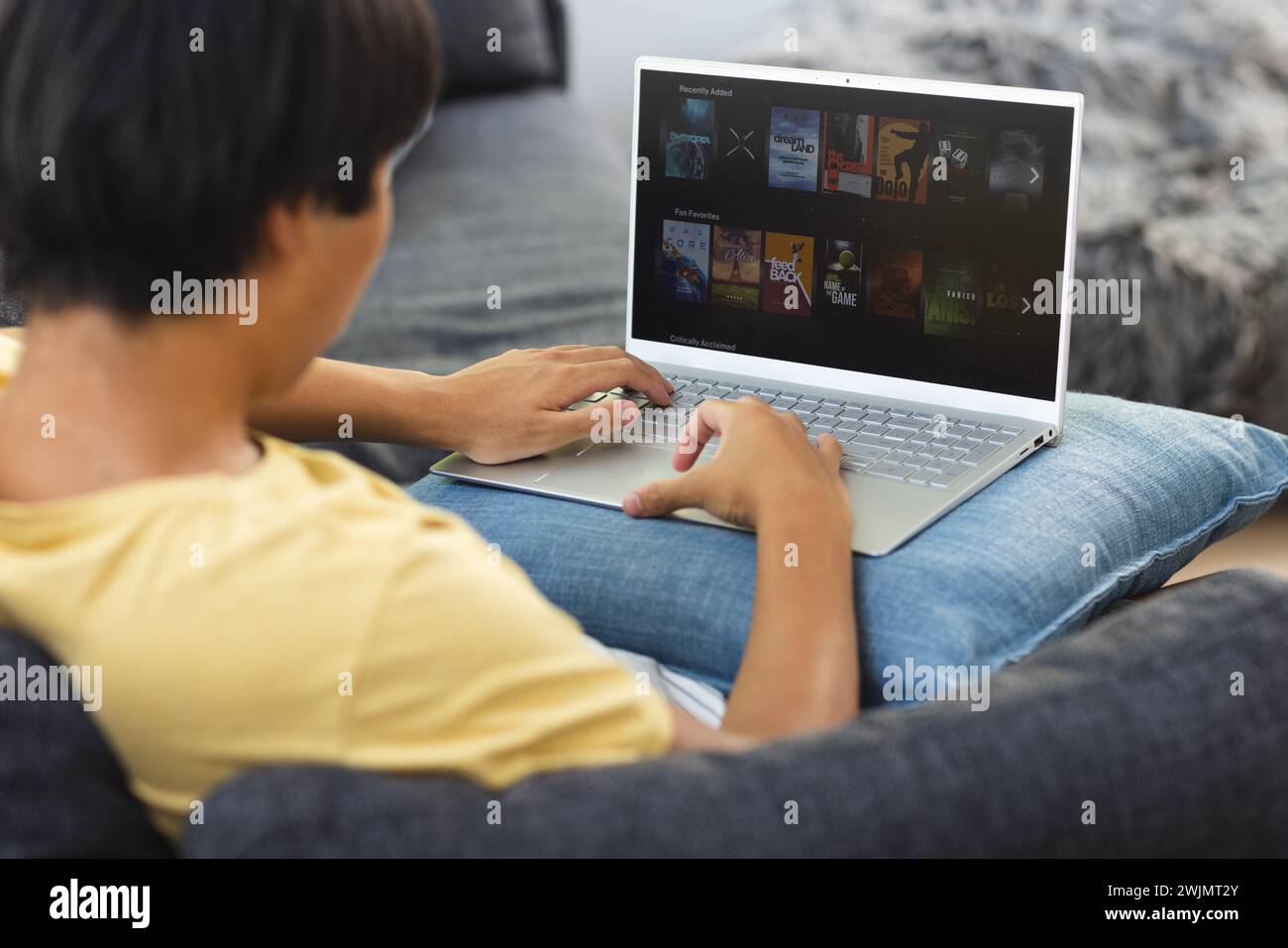 Teenage Asian boy browses a video streaming site on a laptop at home ...