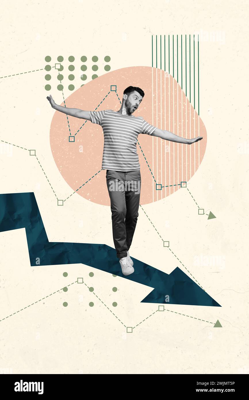 Vertical creative collage poster young man riding regression arrow go down bankruptcy money loss ...
