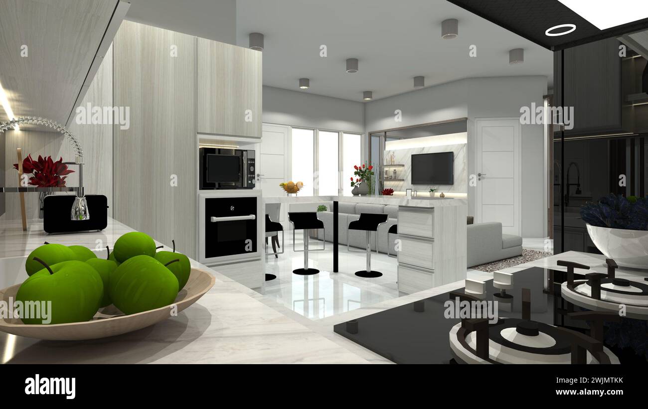 Luxury Counter Kitchen Area with Corner Bar Table Integrate with Living ...