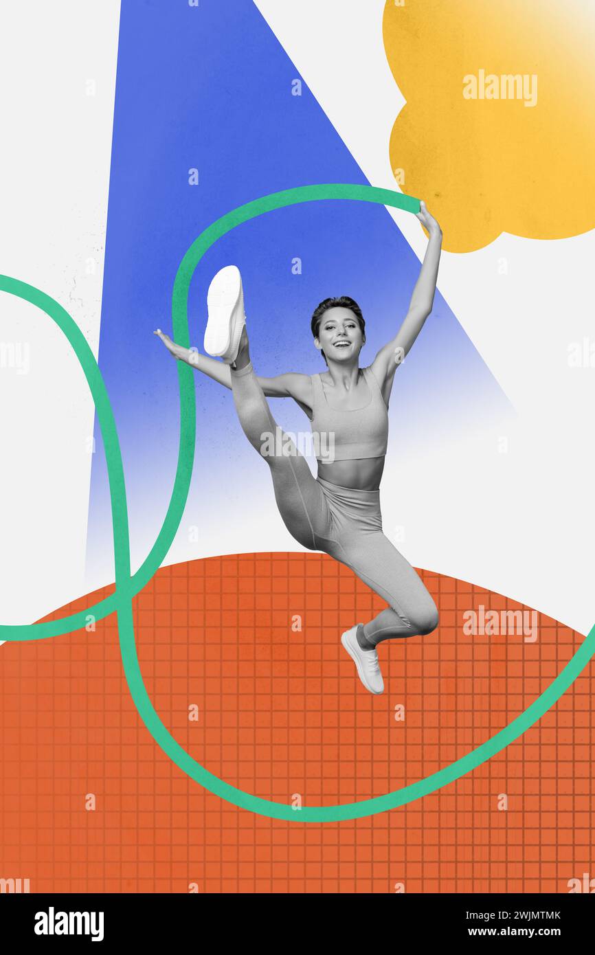 Vertical collage picture of excited black white colors flexible gymnast ...