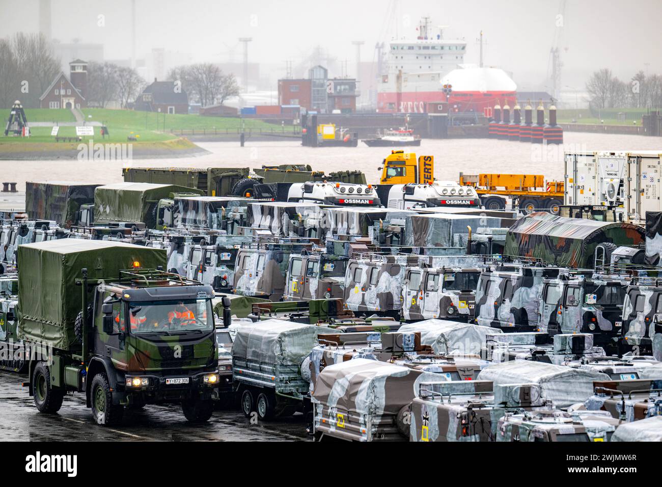 Emden, Germany. 16th Feb, 2024. Bundeswehr vehicles and equipment are ...