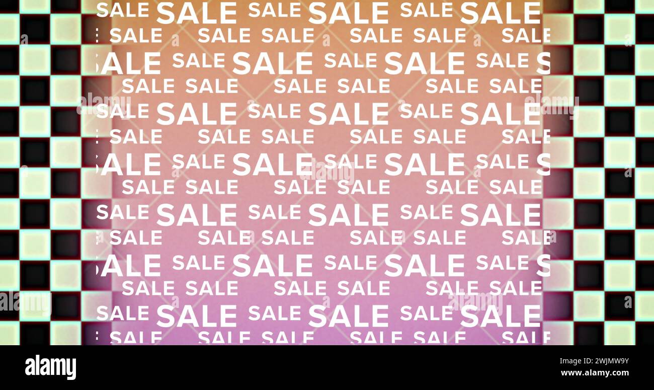 Image of sale text in repetition with black and white checkered borders ...