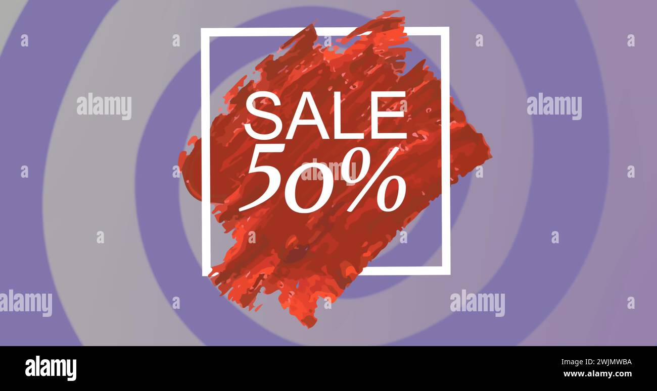 Image of sale 50 percent text in white frame on red and purple circles ...