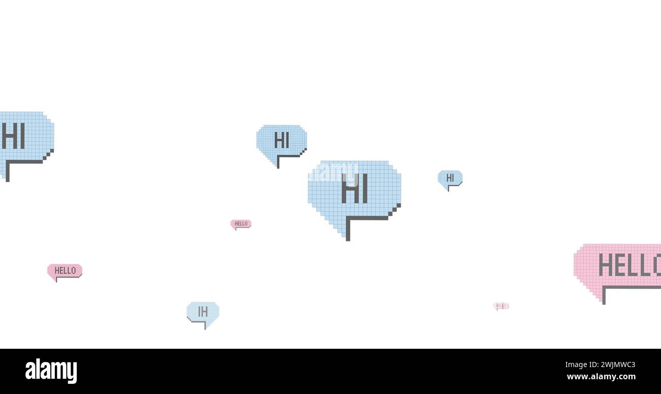 Image of multiple hi and hello text on vintage speech bubbles on white ...