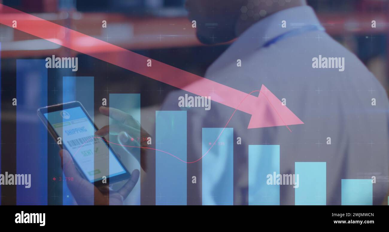 Image of statistics, red arrow and data processing over biracial man ...