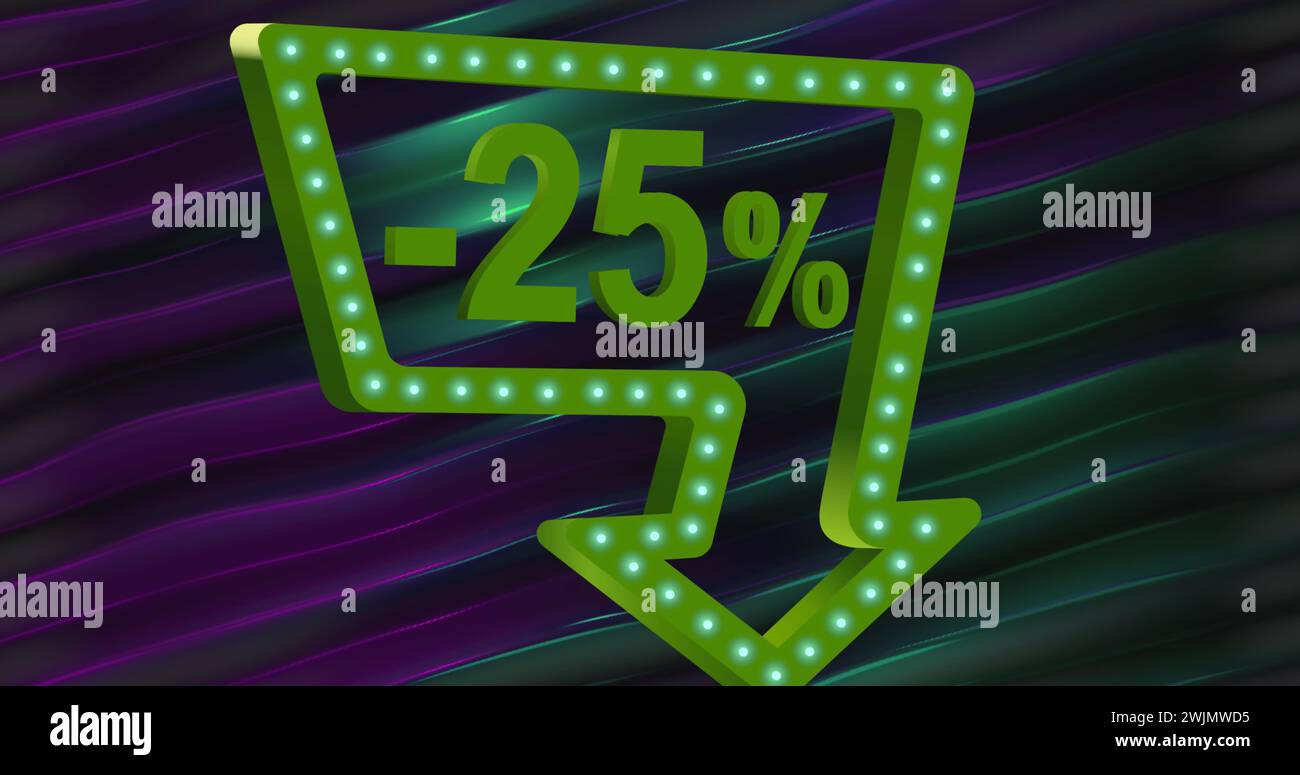Image of minus 25 percent with arrow pointing down in green over purple ...