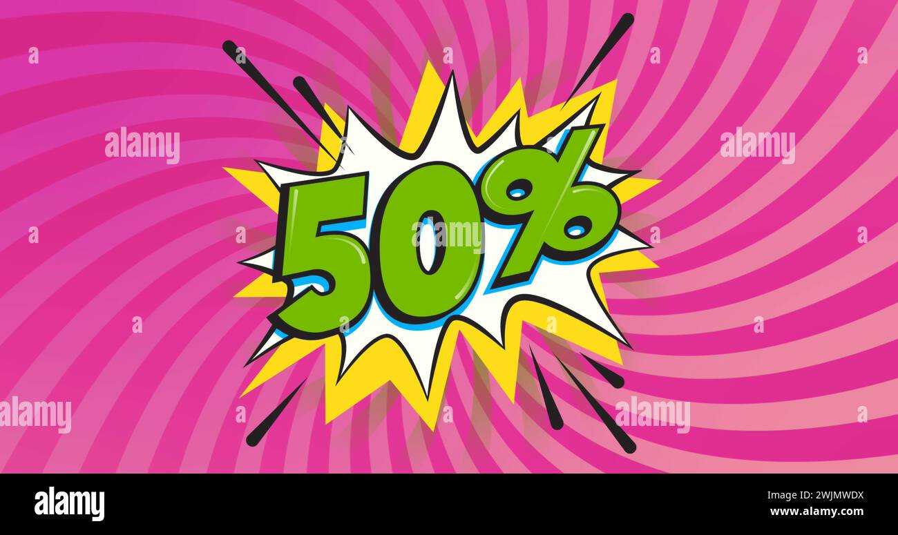 Image of 50 percent retro speech bubble on spinning pink stripes in ...