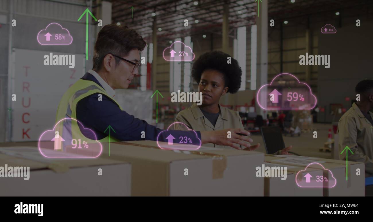 Image of digital clouds and data processing over diverse people working ... Image of digital clouds and data processing over diverse people working ...