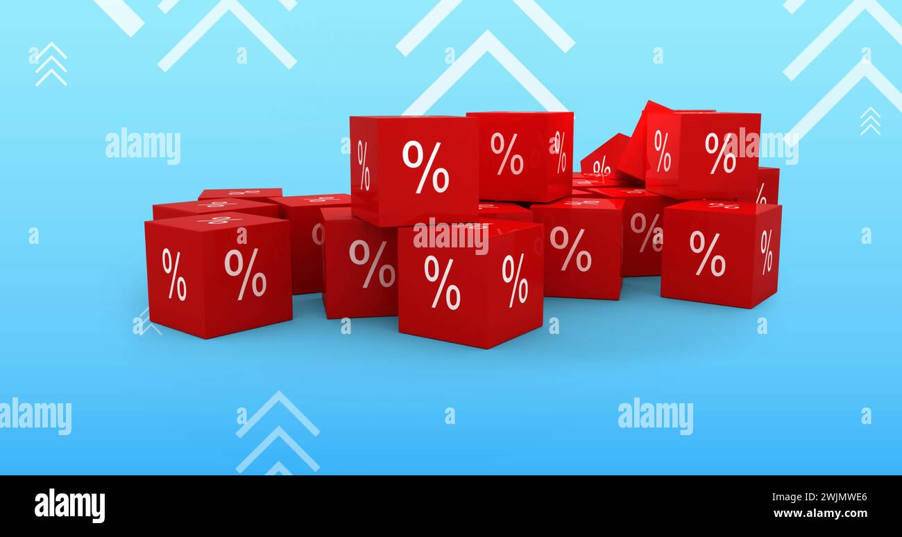 Image of percent sales symbol on red cubes and white arrows on blue ...