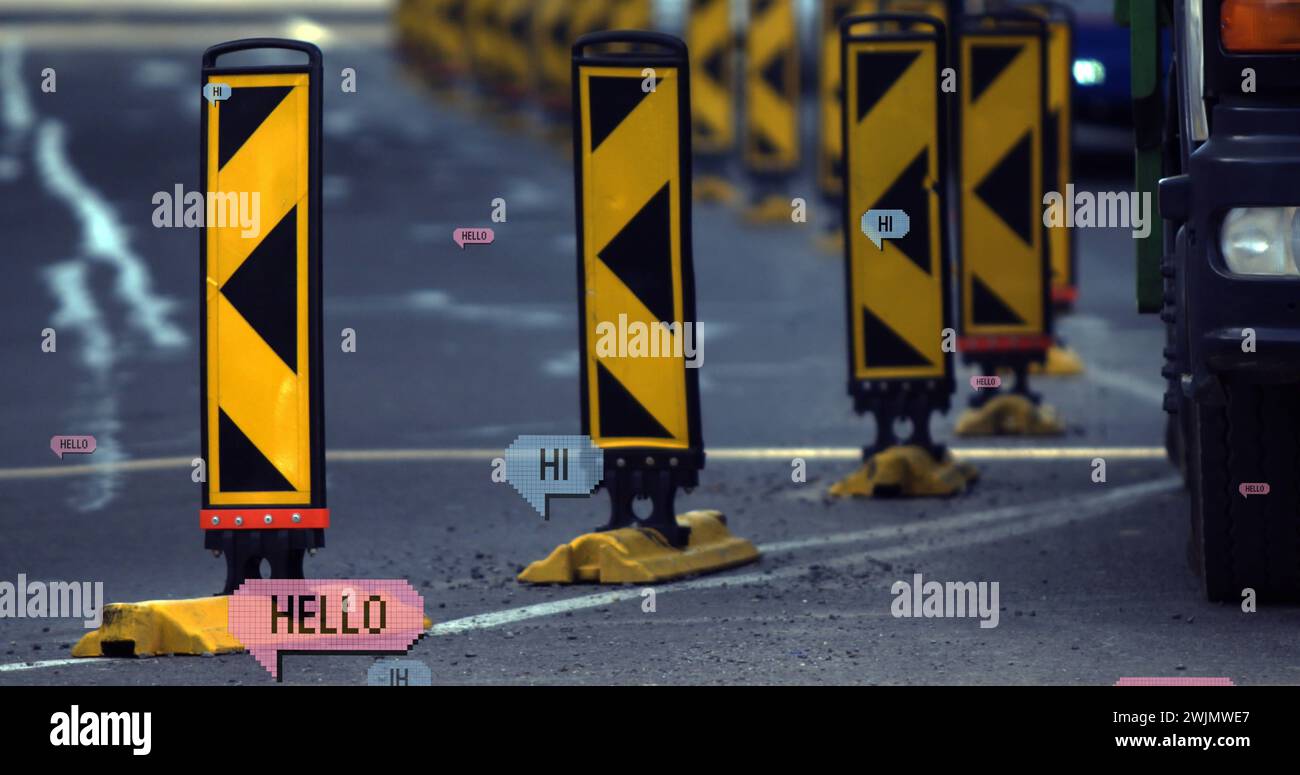 Image of multiple hi and hello text on vintage speech bubbles over road ...