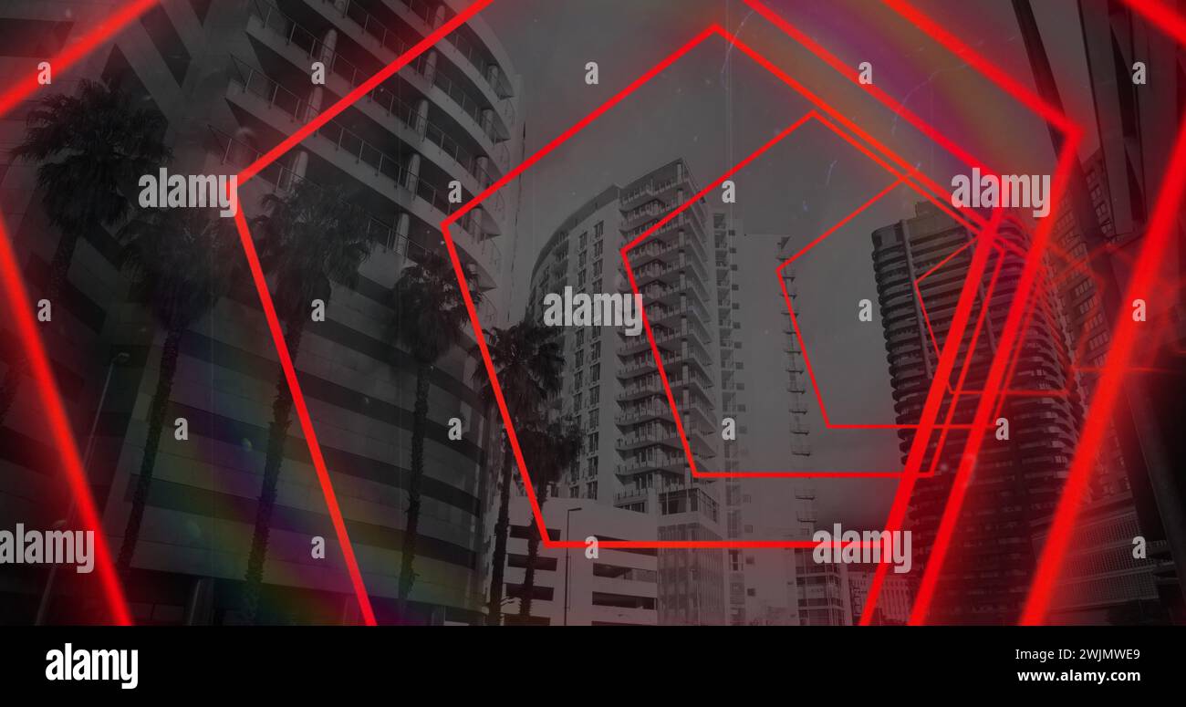 Image of data processing, cityscape and red neon pattern Stock Photo ...