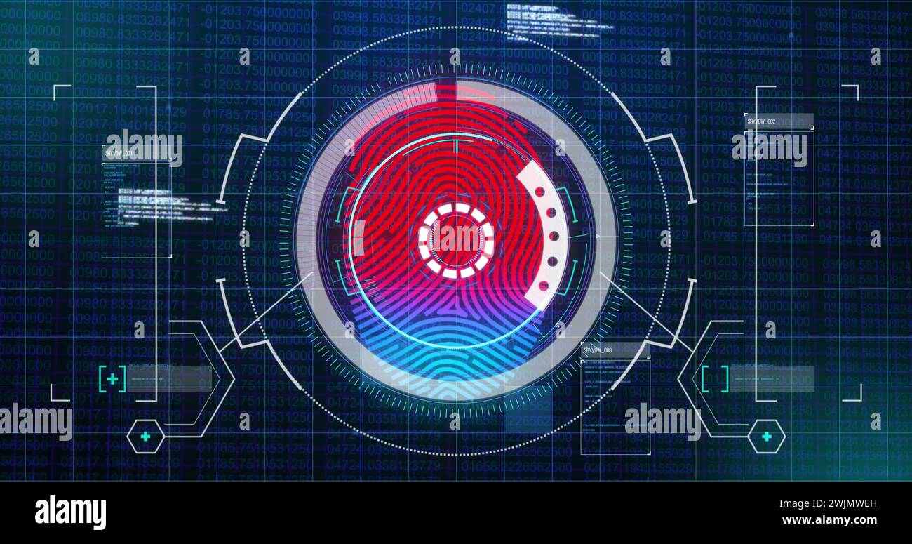 Image of scope scanning, blue biometric fingerprint security check and data processing Stock ...