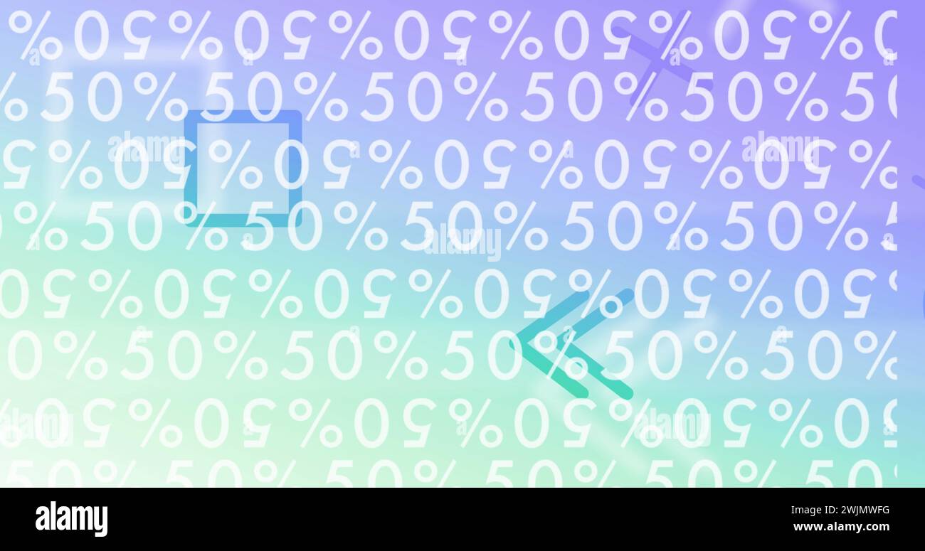 Image of 50 percent text in repetition over geometric shapes on purple ...