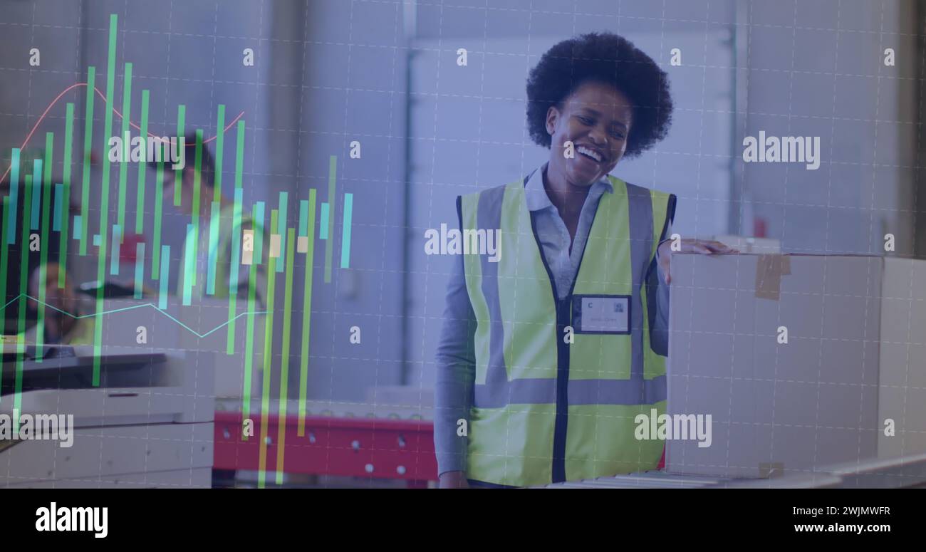 Image of statistics and data processing over african american woman ...