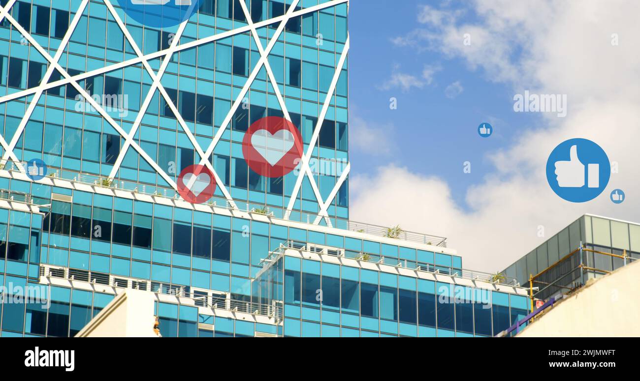 Image of multiple heart love icons over modern cityscape in background ...