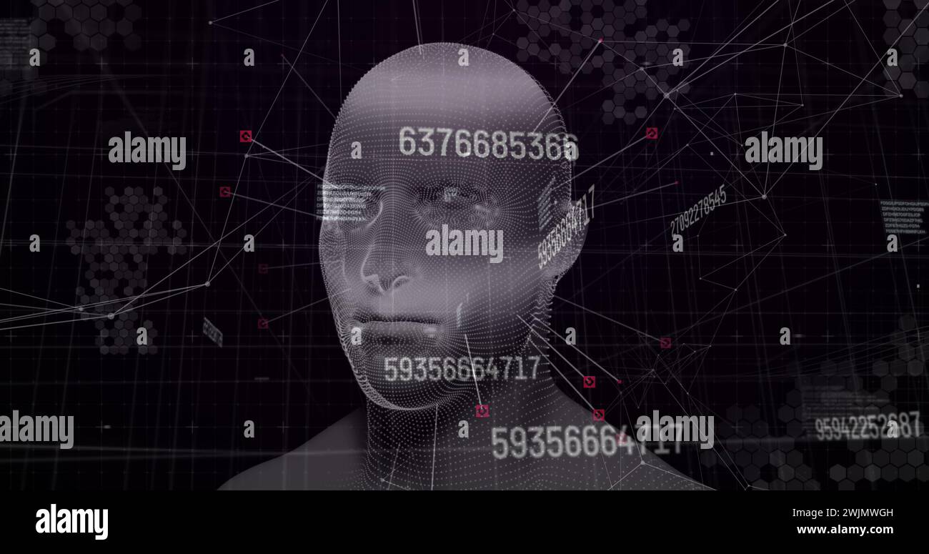 Image of numbers changing over human head spinning in background Stock ...
