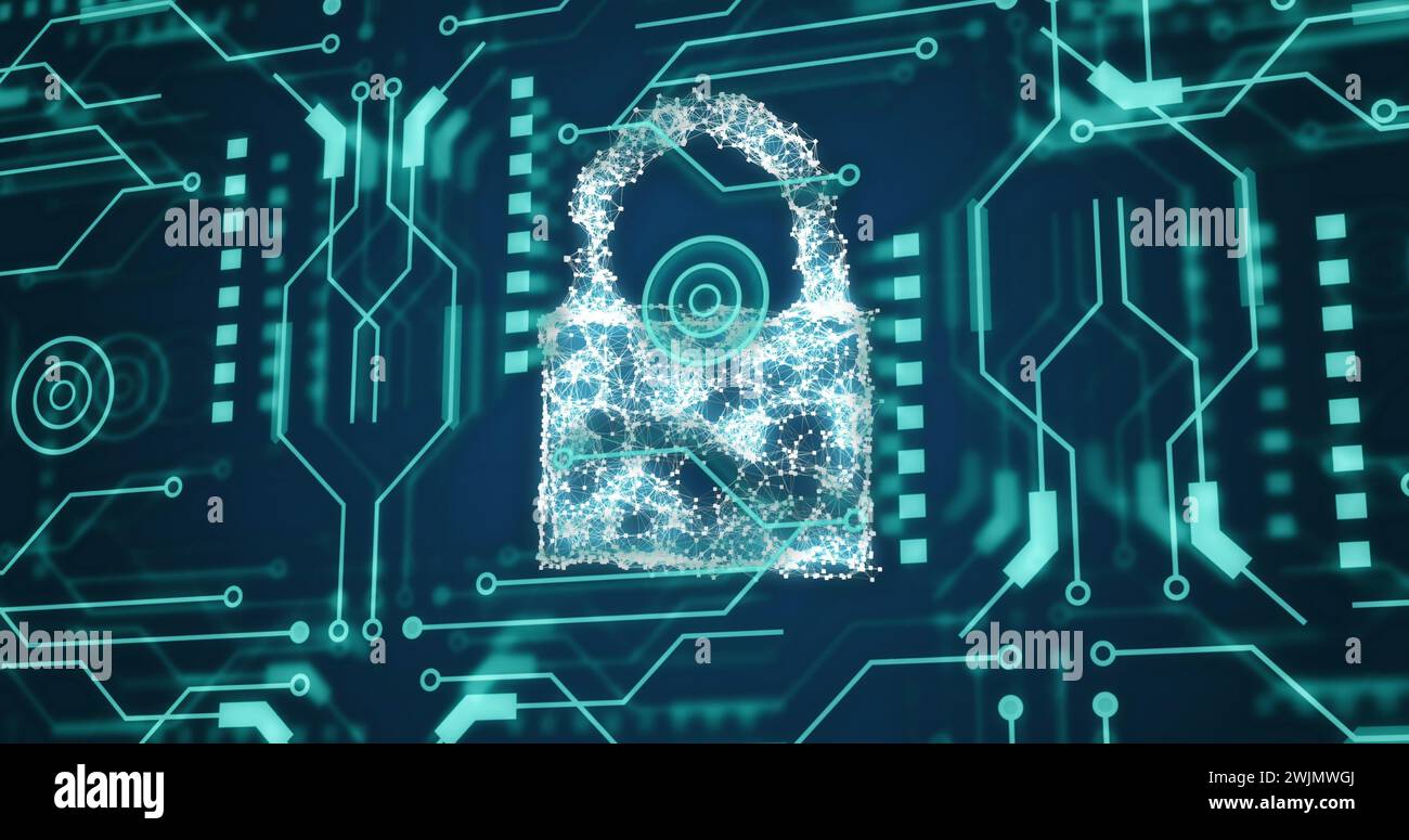 Image of padlock, connections and data processing over circuit board ...