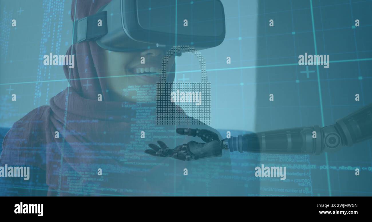 Image of online security padlock over robot's arm and woman wearing vr ...