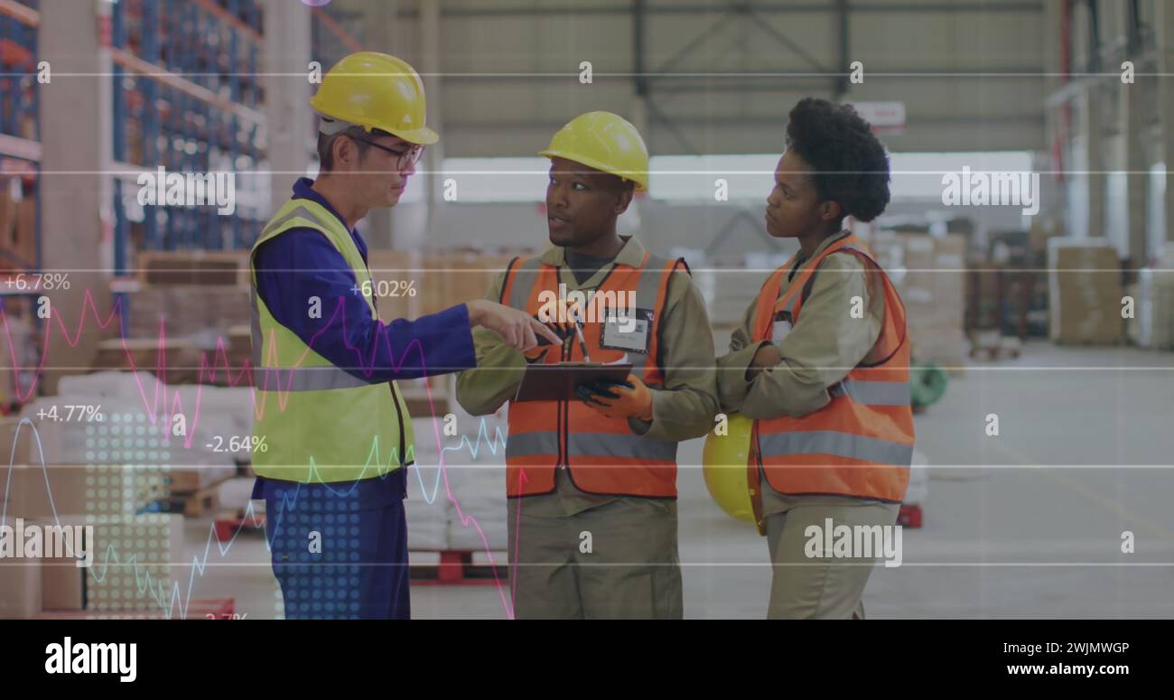 Image of numbers and data processing over diverse people working in ...