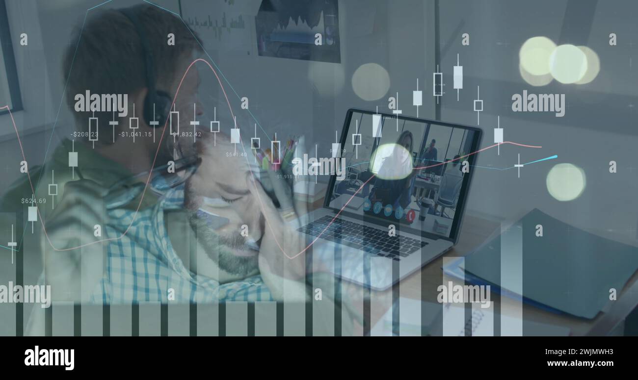 Image of statistics processing over two men using computer and laptop ...