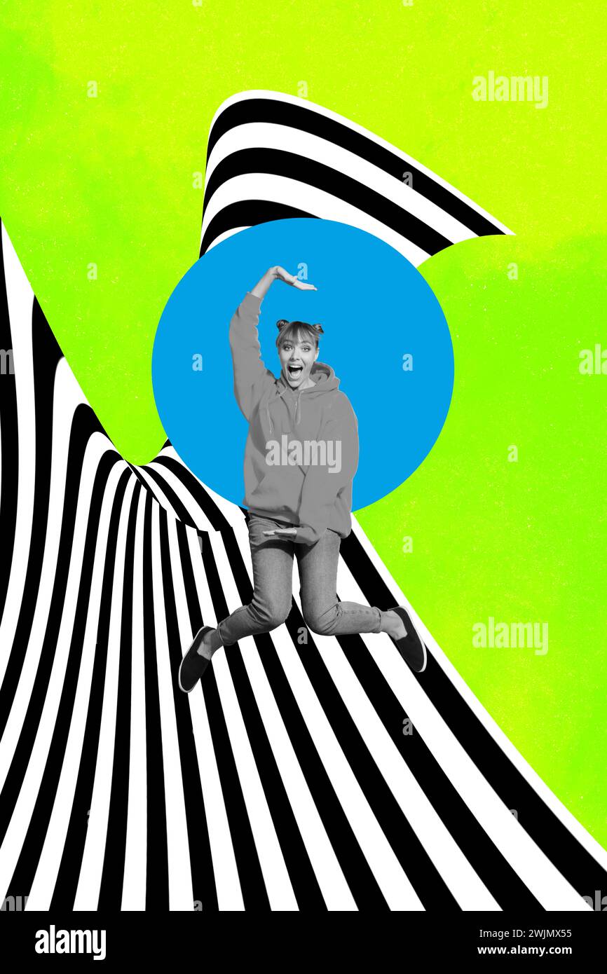 Vertical creative collage image of happy funny female jumping hipster ...