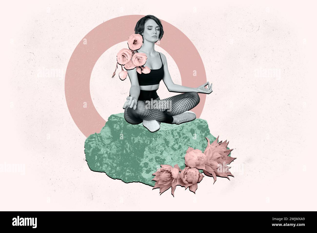 Horizontal photo collage calm lady enjoy nature balance asana yoga om ...