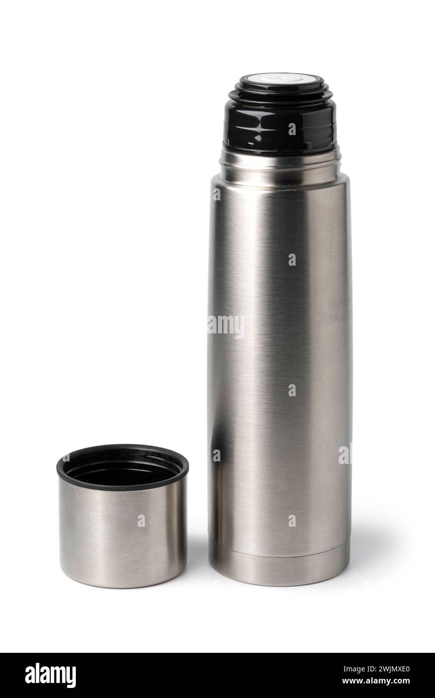 Single open Aluminum thermo bottle close up isolated on white background Stock Photo - Alamy