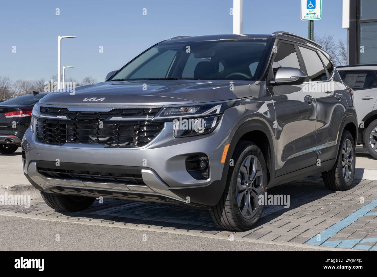 Indianapolis - February 11, 2024: Kia Seltos X-Line display at a dealership. Kia offers the ...