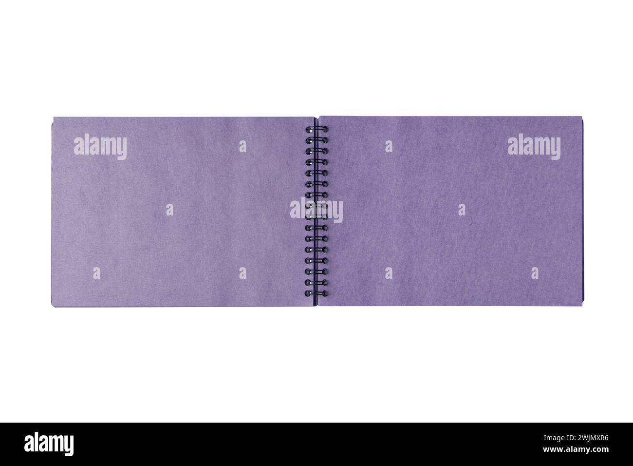 Open spiral bound notepad with two craft purple sheets, isolated on ...