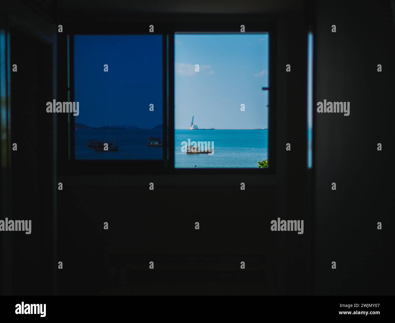 Open window view of the sea tropical landscape. View of the sea bay ...