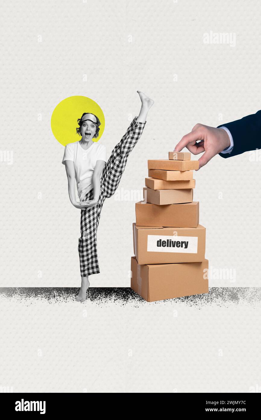 Creative poster collage of funny female stretch leg carton boxes pile ...