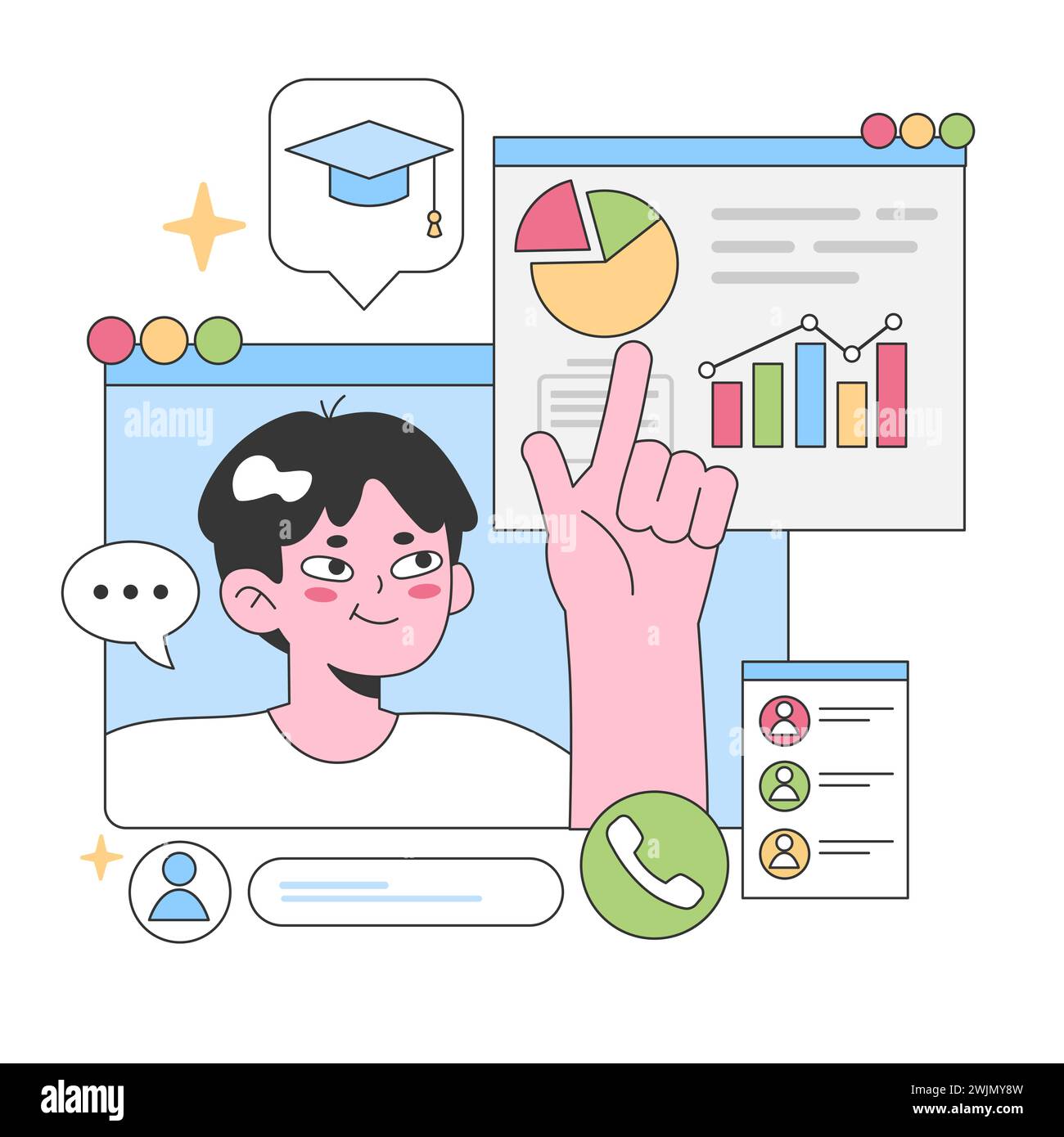 Engaged student participates in an interactive online class, pointing ...