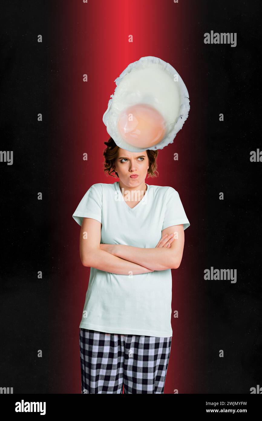 Vertical creative collage image of irritated female wake up morning ...