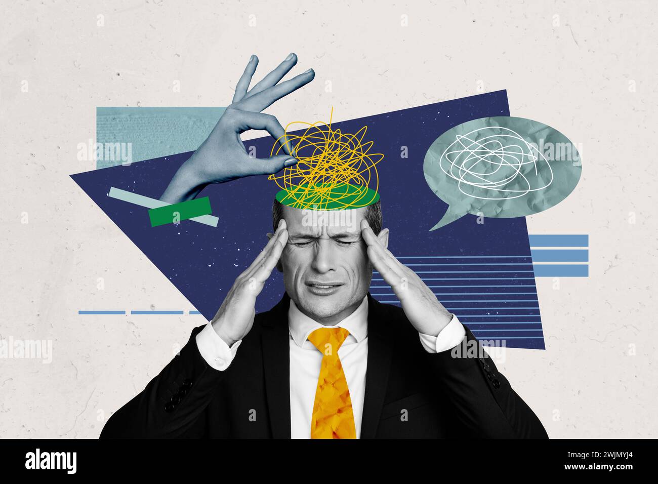 Photo collage image picture businessman suffering head ache migraine ...