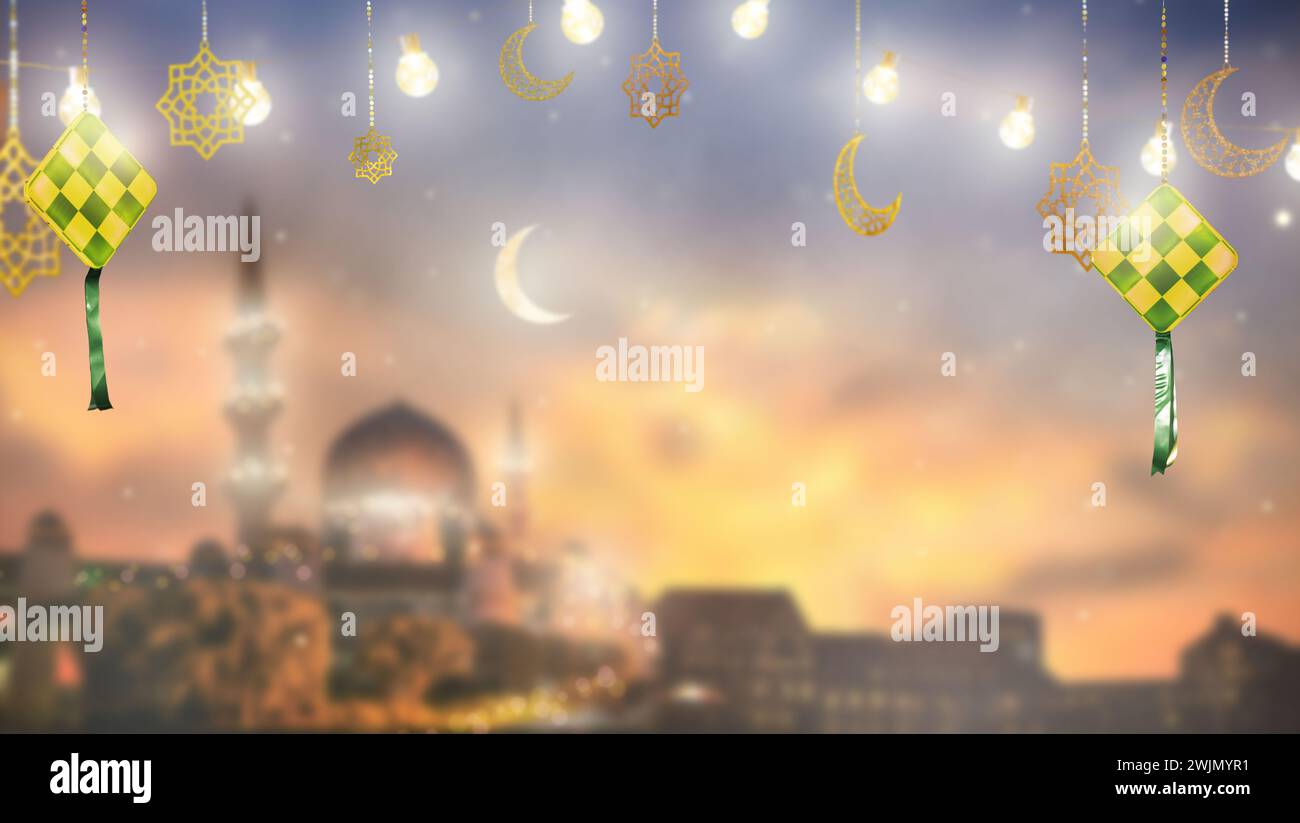 Ramadan Kareem greeting. Islamic lantern near mosque with night sky ...